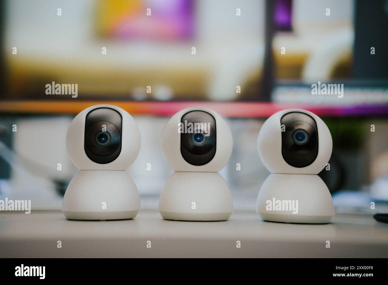 Webcam security camera. Smart home monitoring equipment on home office ...