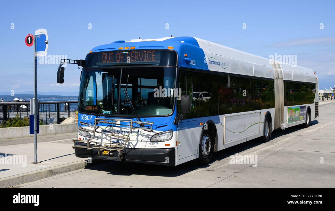 Mukilteo, WA, USA - August 15, 2024; Community Transit blue and white ...