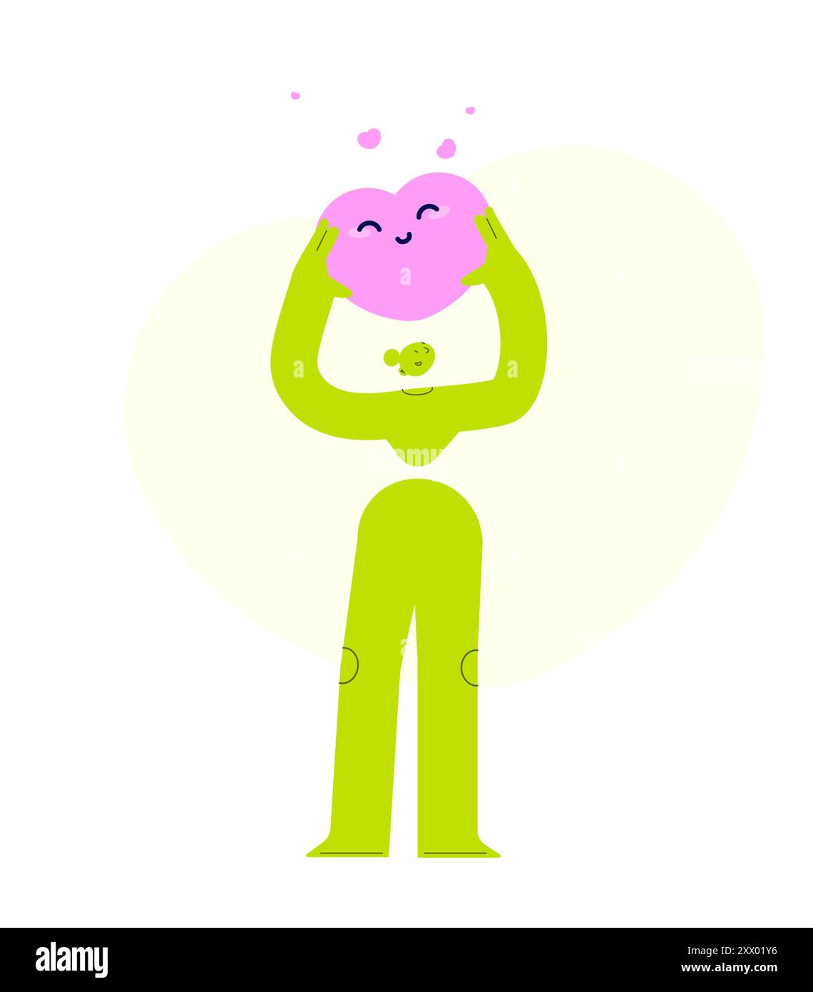 Vector illustration of a happy woman, holding a big smiling heart. Love ...