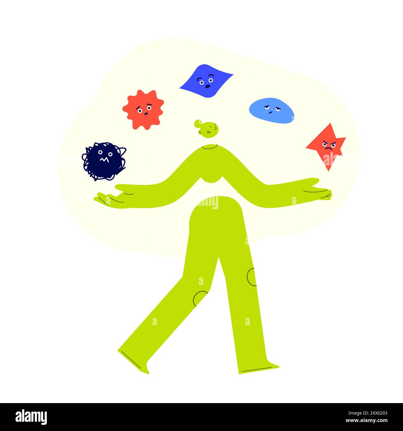 Vector illustration of a woman, holding anxiety, anger, fear, boredom ...