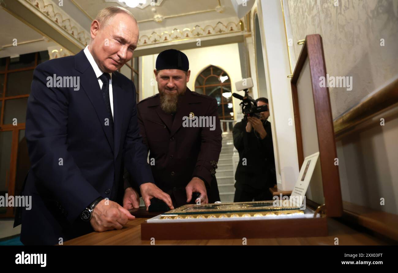Grozny, Russia. 20th Aug, 2024. Russian President Vladimir Putin, left ...
