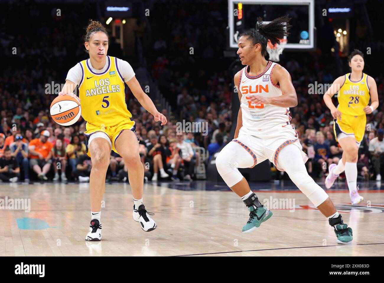 BOSTON, MA - AUGUST 20: Los Angeles Sparks forward Dearica Hamby (5) and Connecticut Sun forward ...