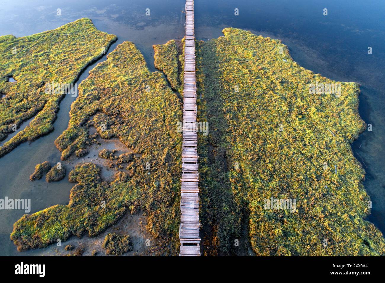 Wooden walkway leading through swampy marshland to Blue Paradise beach ...