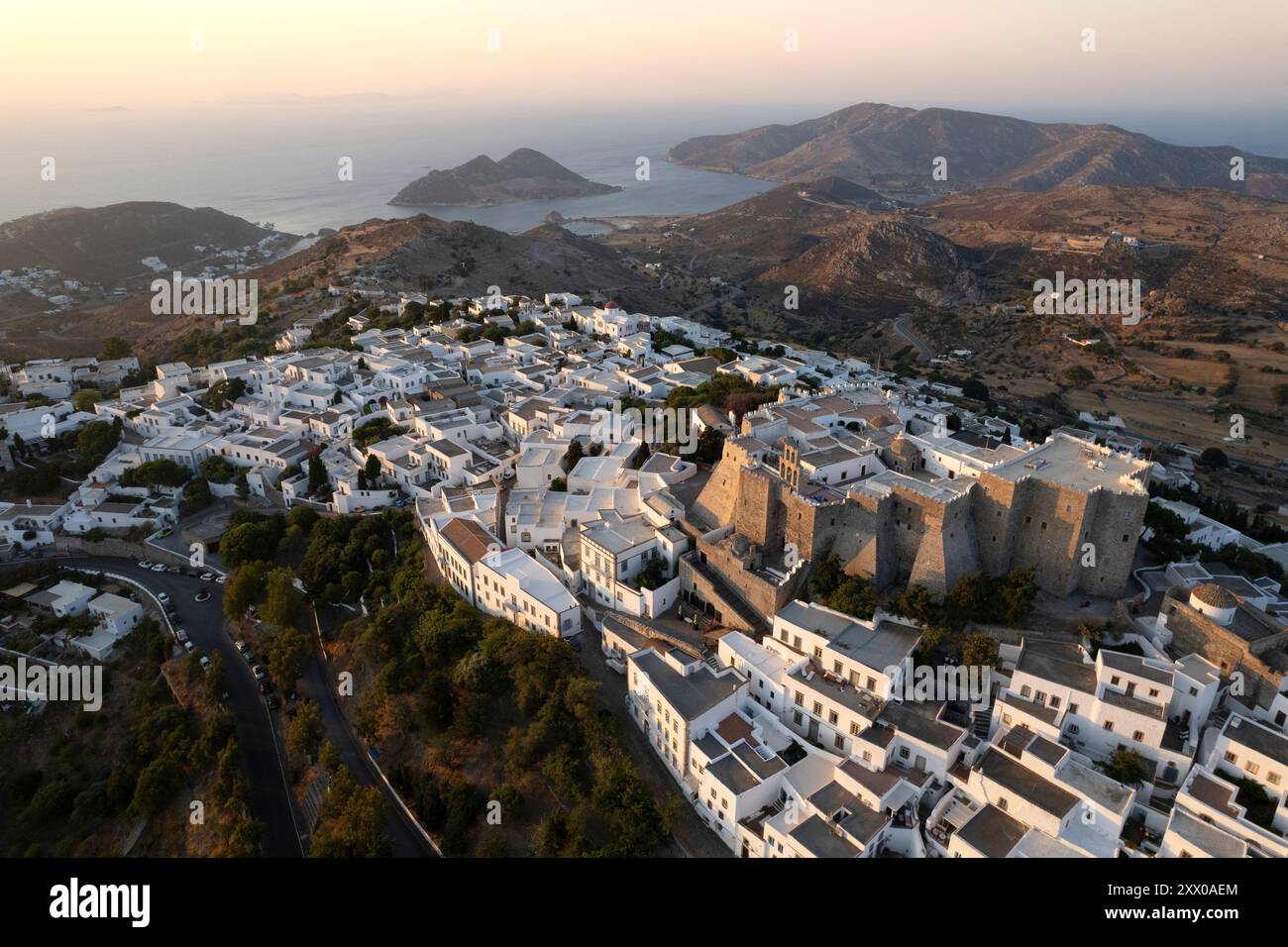 Aerial view of the town of Chora on the island of Patmos (Greece) with ...