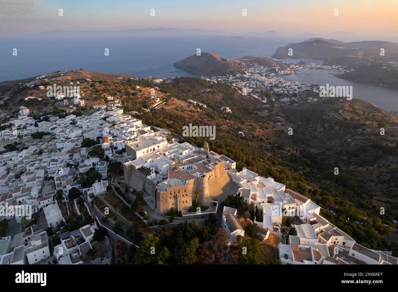 Aerial view of the town of Chora on the island of Patmos (Greece) with ...