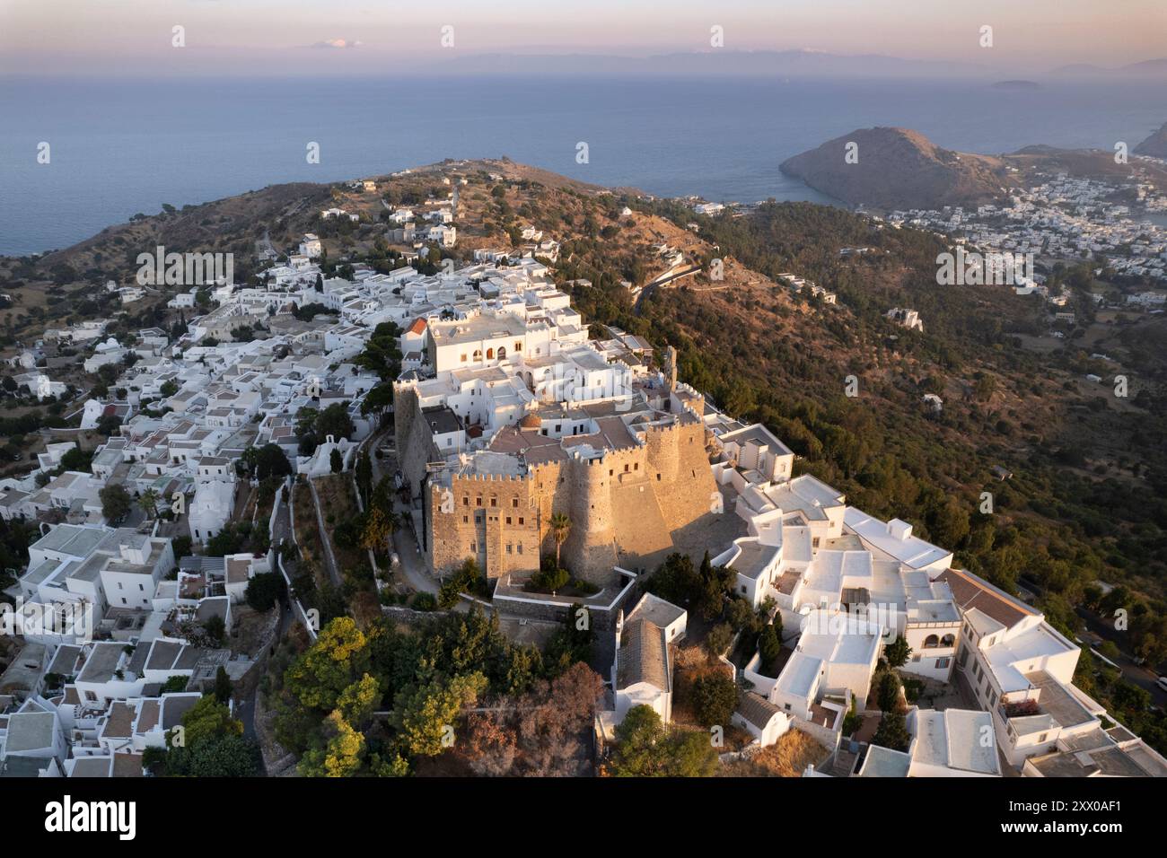 Aerial view of the town of Chora on the island of Patmos (Greece) with ...