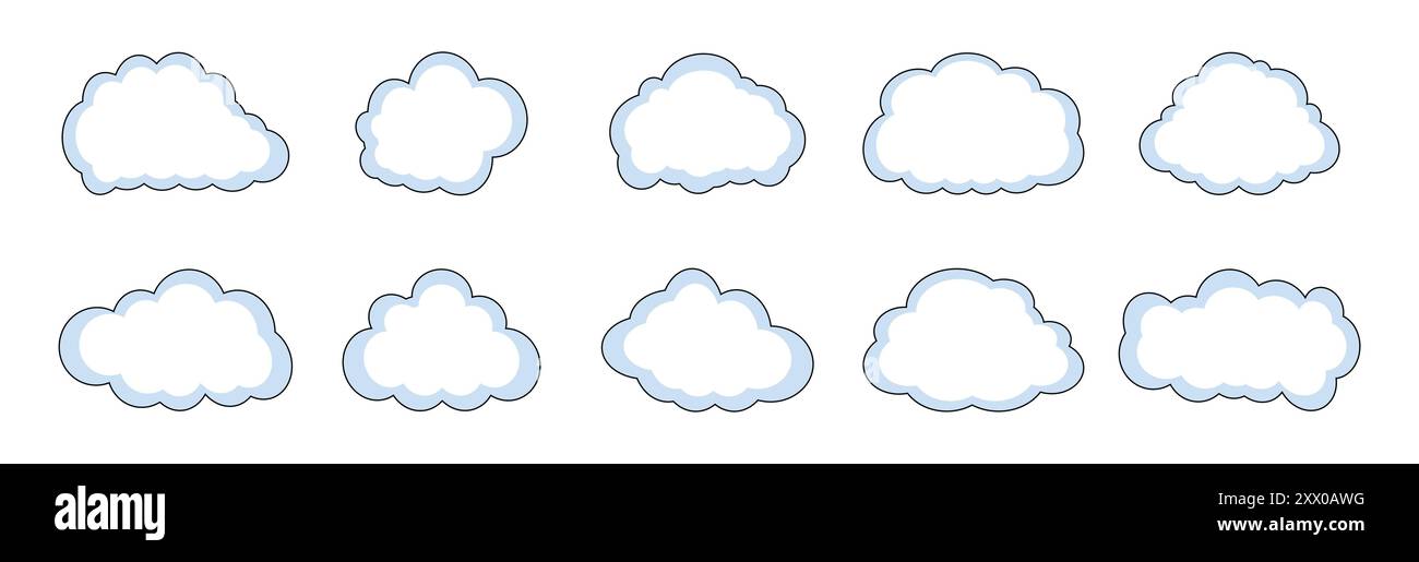 Set of clouds in various shapes in white color and black strokes on ...