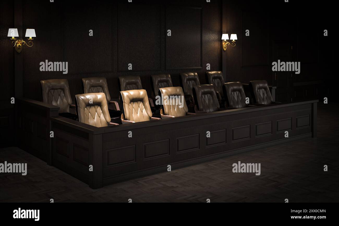 Empty jury box illuminated dramatic lighting. law concept. 3d ...