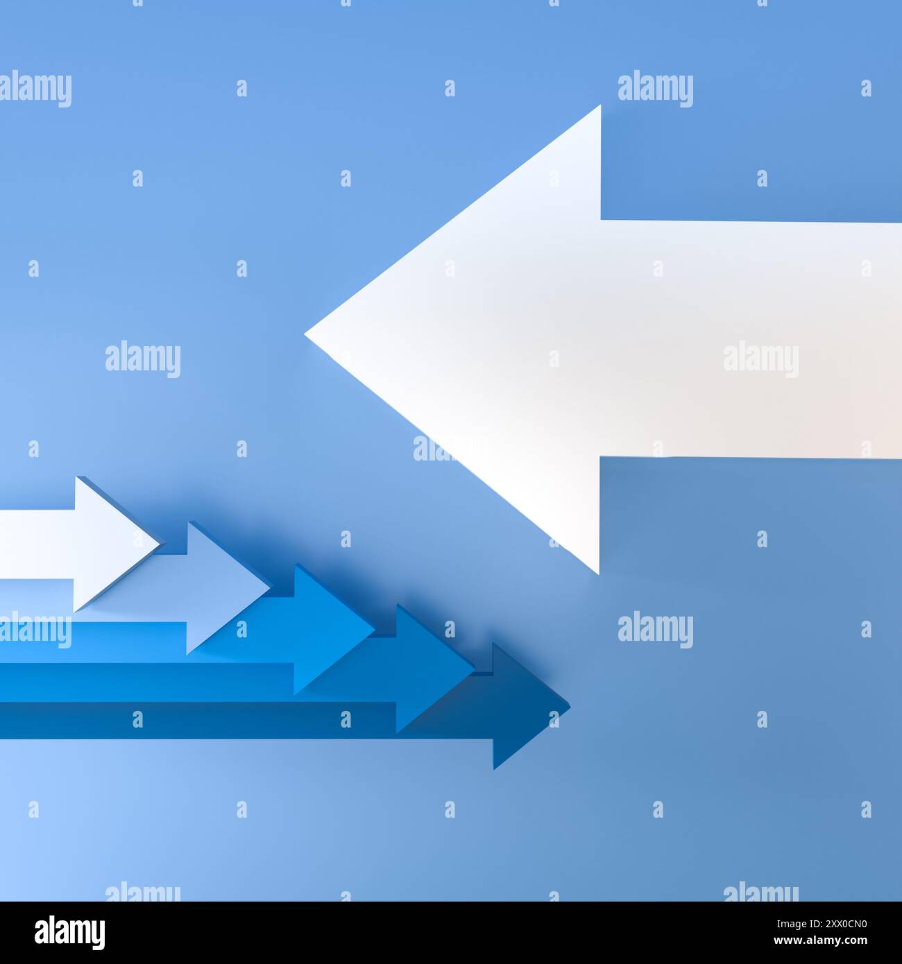 Large white arrow pointing opposite direction group blue. 3d background ...