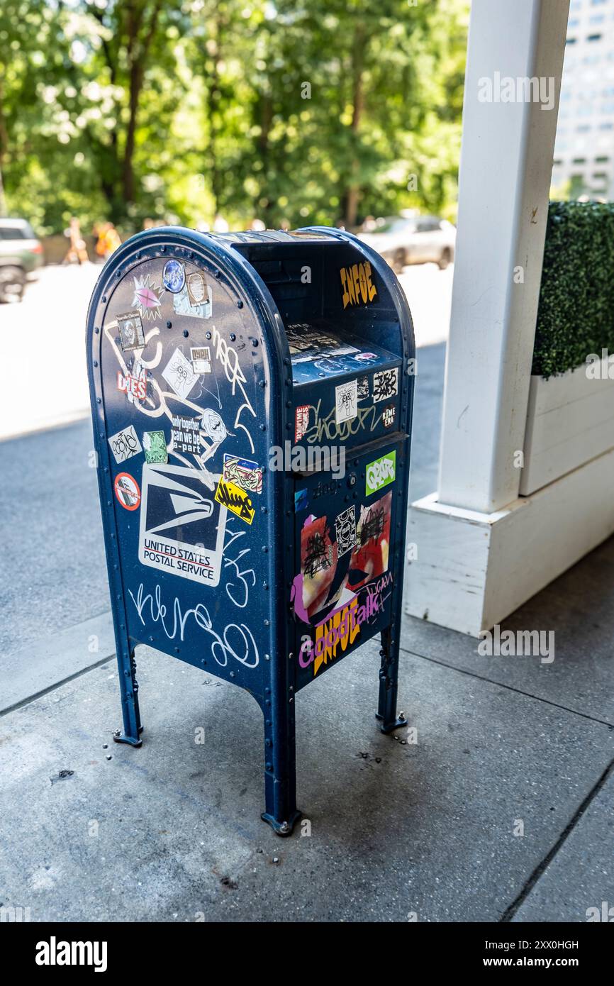 US postal box defaced with stickers and graffiti, New York City, NY ...