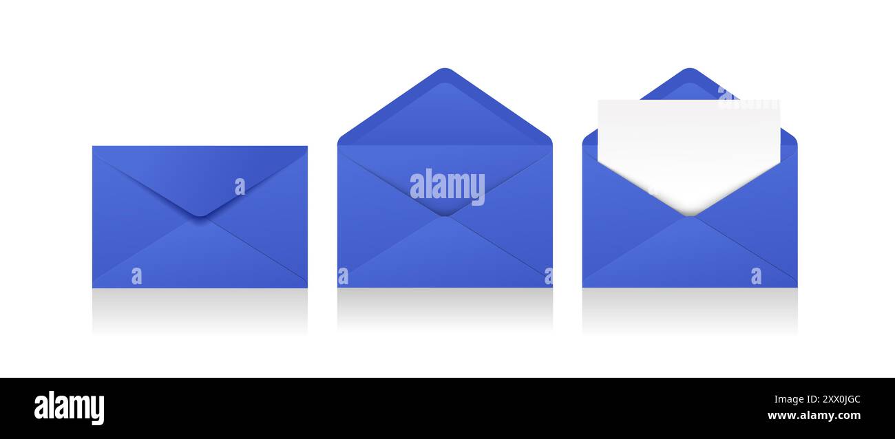 Set of realistic blue envelopes in different positions. Folded and unfolded envelope backpack ...