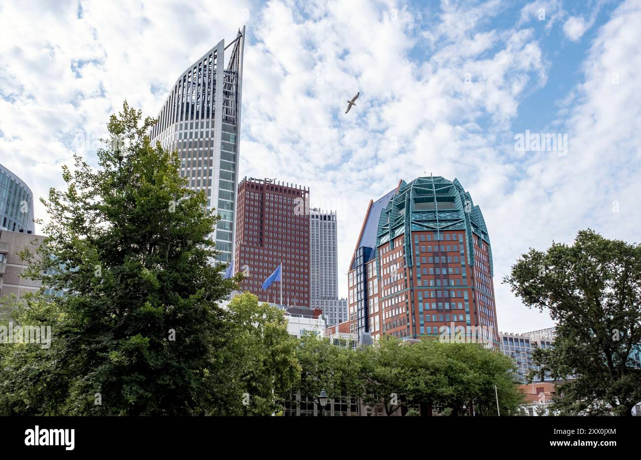Typical Dutch cityscape on the sunny day with streets, a calm canal ...