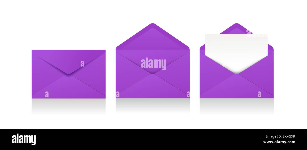 Set of realistic purple envelopes in different positions. Folded and unfolded envelope backpack ...