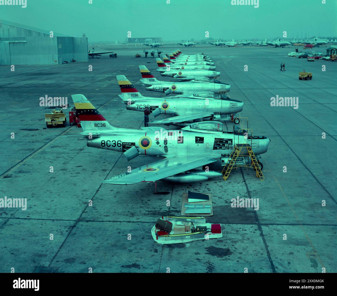 North American F-86 Sabres, bearing Venezuelan markings, are ready for ...