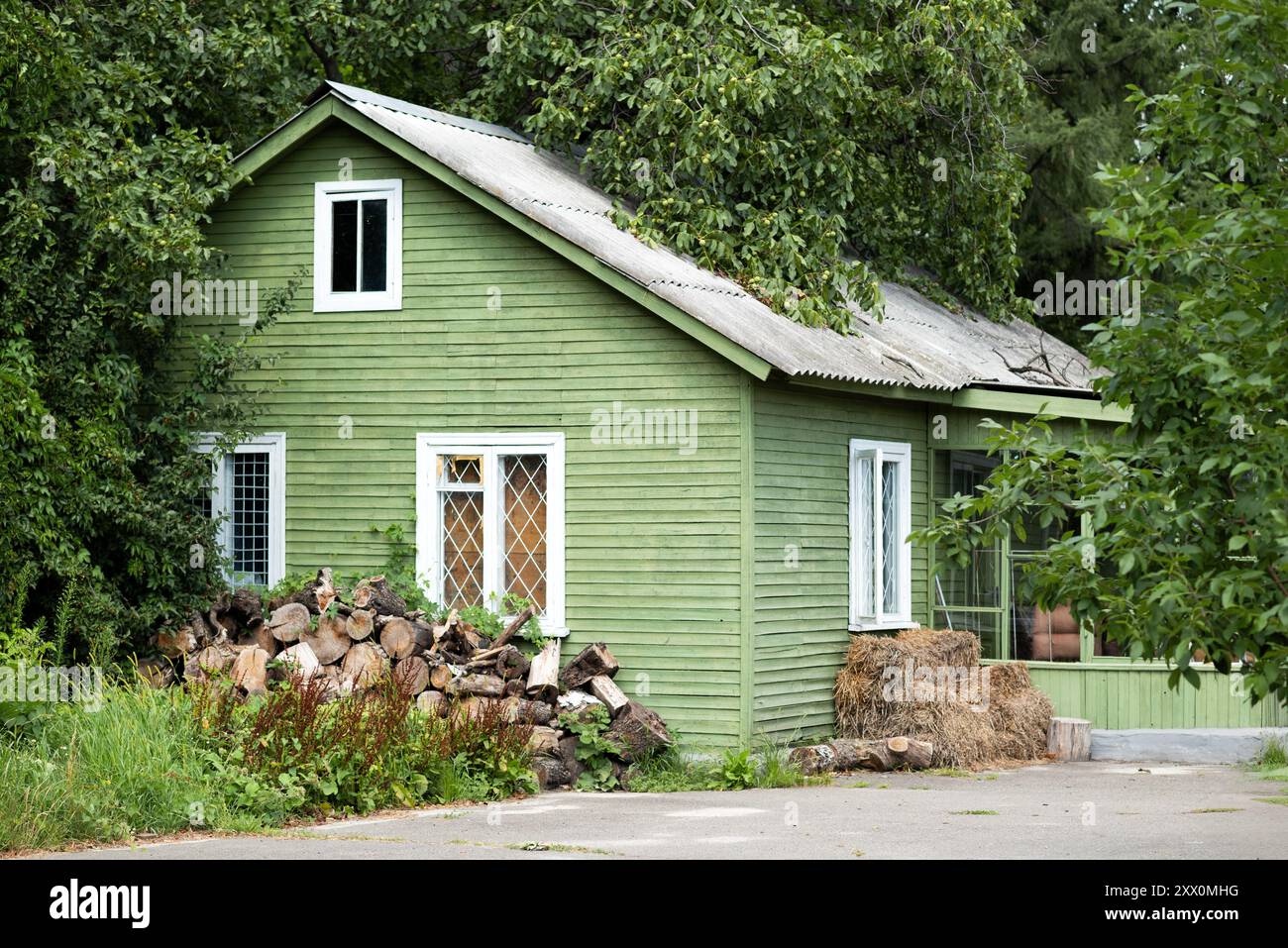 One-storey green wood house with a roof is surrounded by greenery in ...
