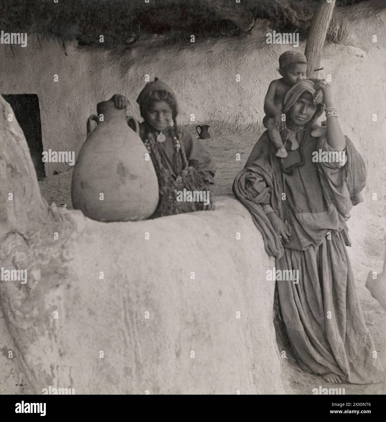 Life in Palestine in the early 20th century. A Fellahin bed. Two women ...