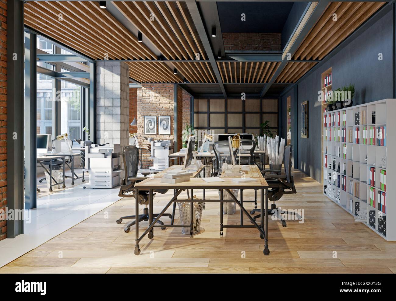 A large open office space with wooden floors and brick walls, 3d render ...