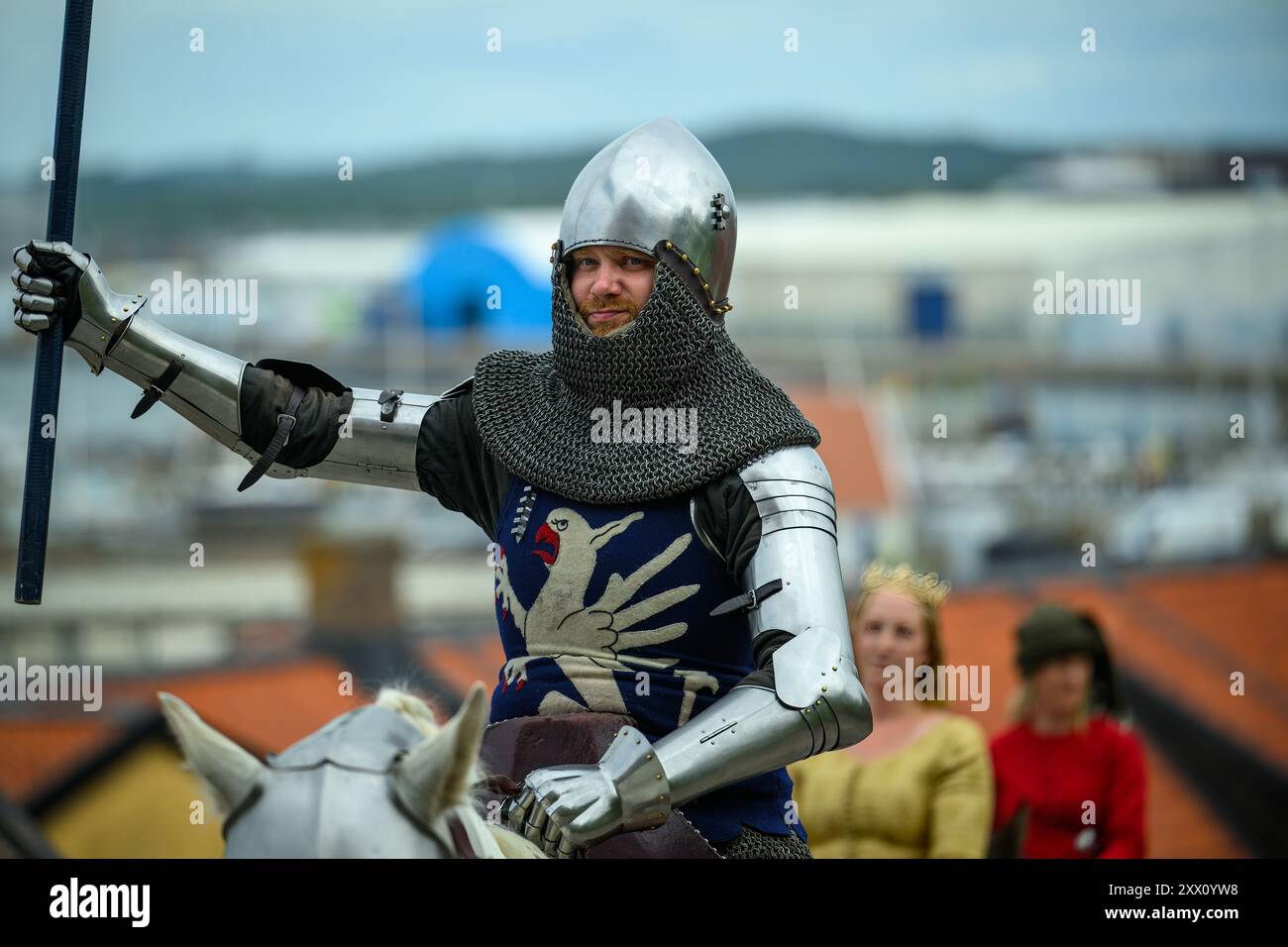 Medieval day, knight with armour on horse Stock Photo - Alamy
