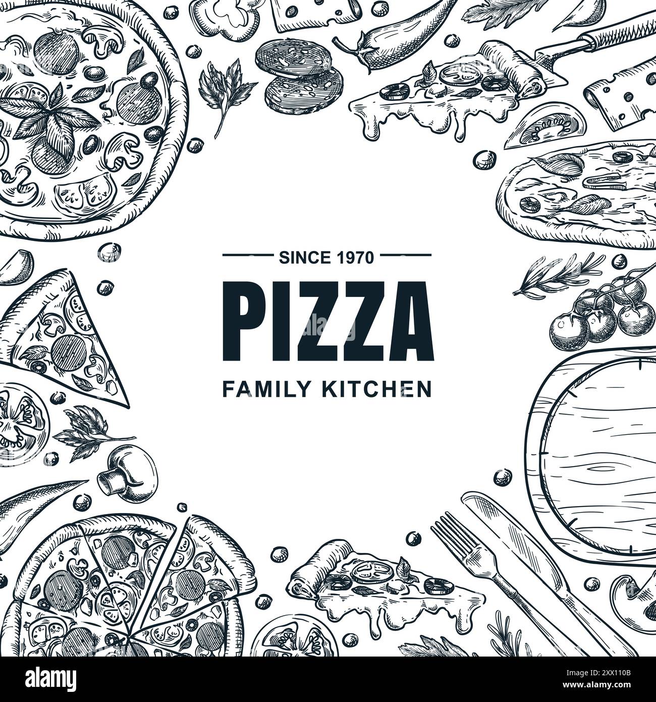 Italian pizza and ingredients square frame. Vector hand drawn sketch ...