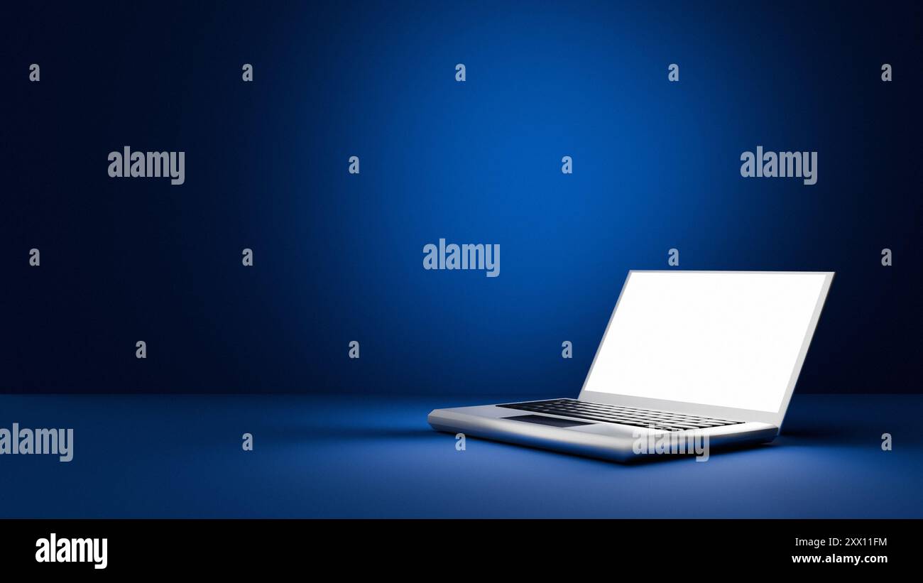 Open laptop with lighting screen on dark blue background. 3d render ...