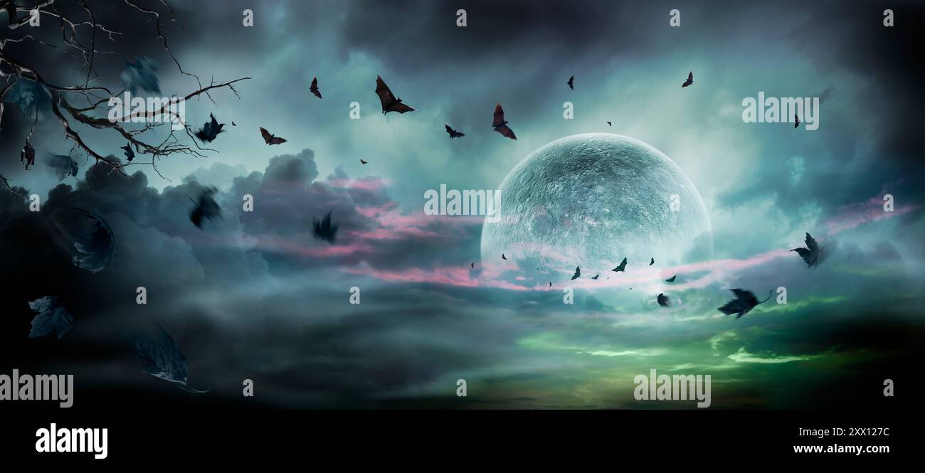 Halloween - Haunted Moon In Clouds With Bats And Falling Of Death ...