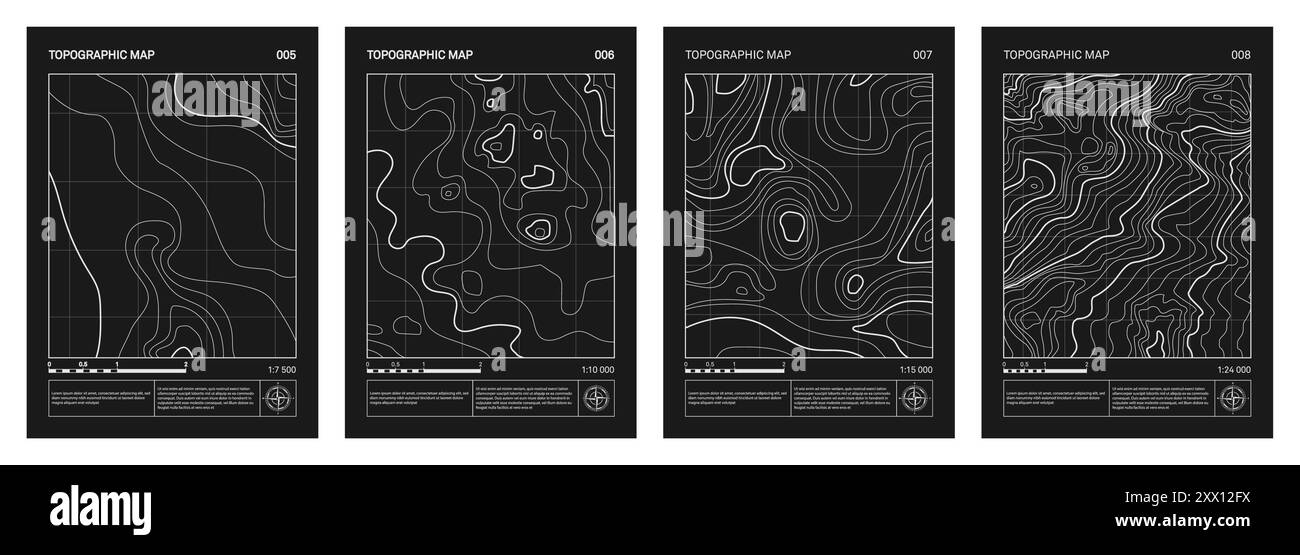 Retro futuristic topographic map, relief contour posters set. Abstract ...