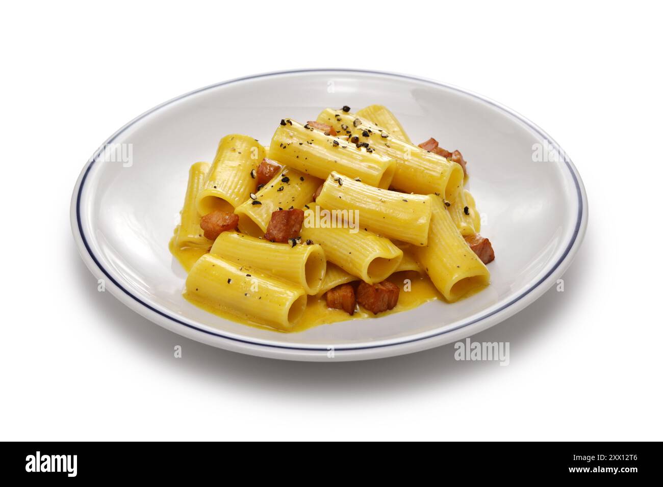 rigatoni alla carbonara, Roman pasta dish isolated on white background ...