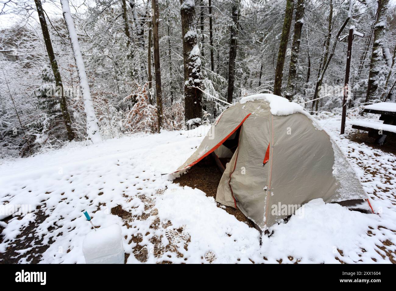 A tent set up at a campsite during winter with snow on the ground and ...