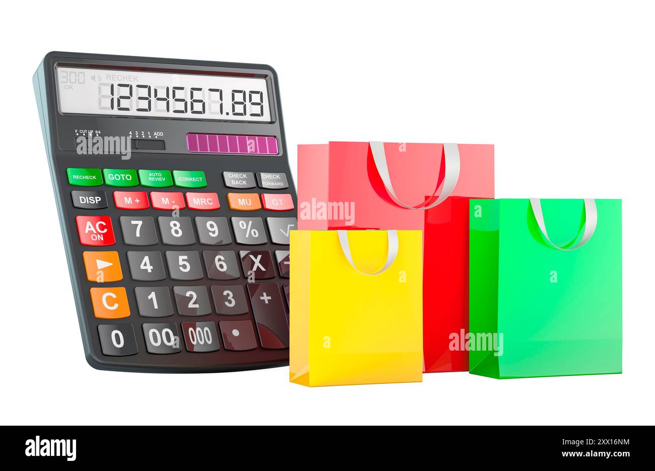 Calculator with shopping bags, 3D rendering isolated on white ...