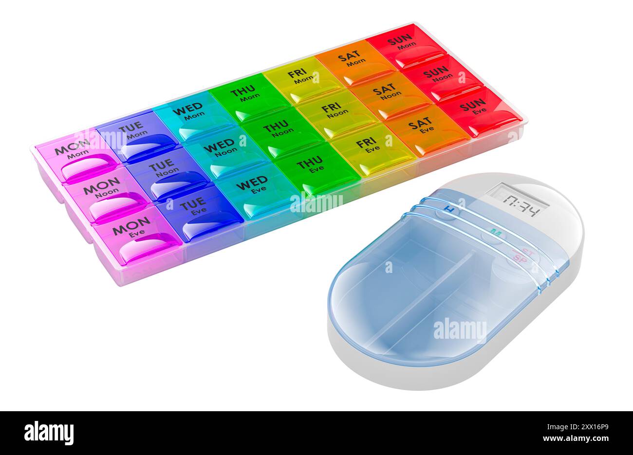 Personal pill dispenser and pill box with reminder alarm. 3D rendering ...