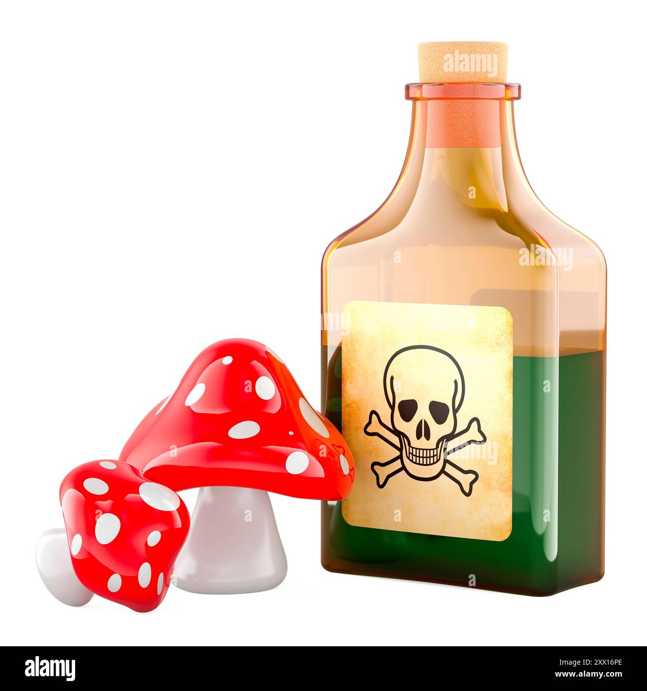 Amanita muscaria with poison bottle, 3D rendering isolated on white ...