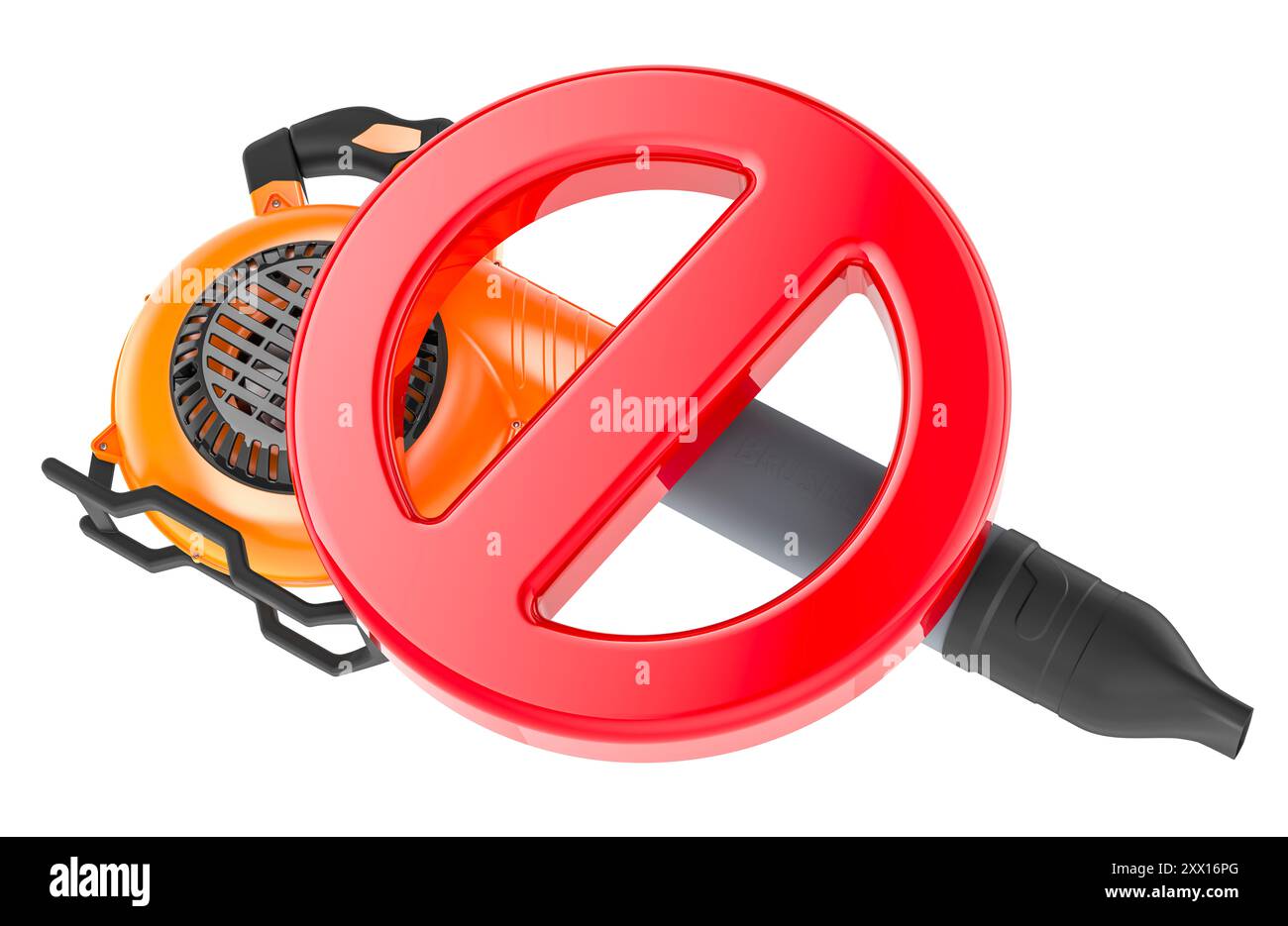 Leaf blower with forbidden symbol, 3D rendering isolated on white ...