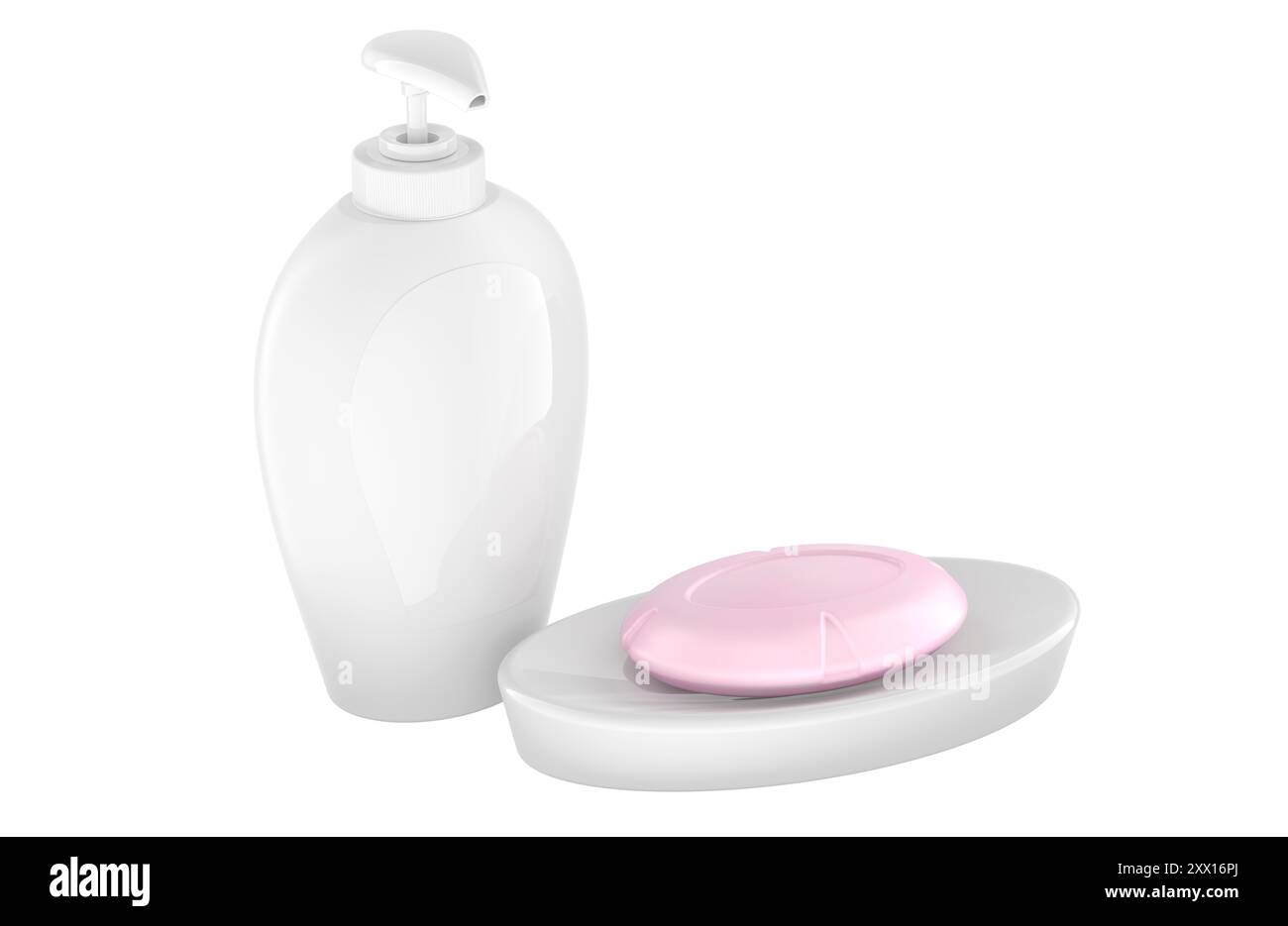 Soap bottle dispenser and soap on the soap dish, 3D rendering isolated ...