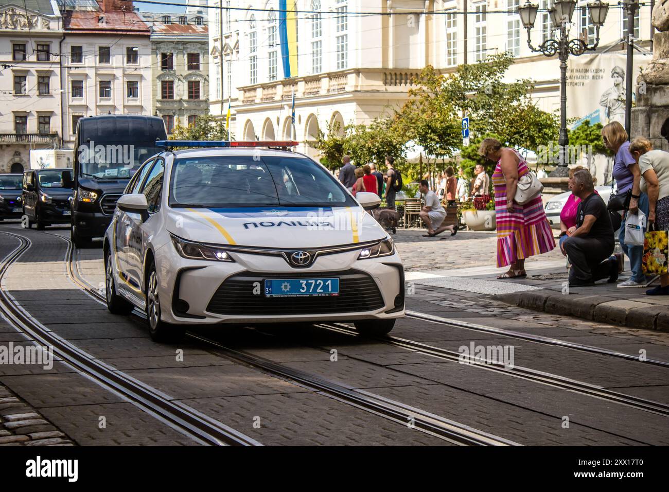 Lviv, Ukraine, August 21, 2024 A Ukrainian police car is patrolling the ...