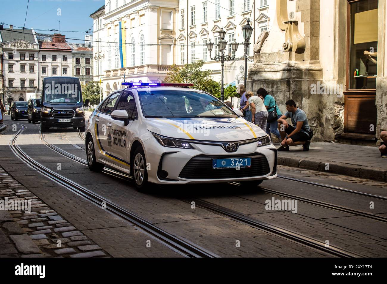 Lviv, Ukraine, August 21, 2024 A Ukrainian police car is patrolling the ...