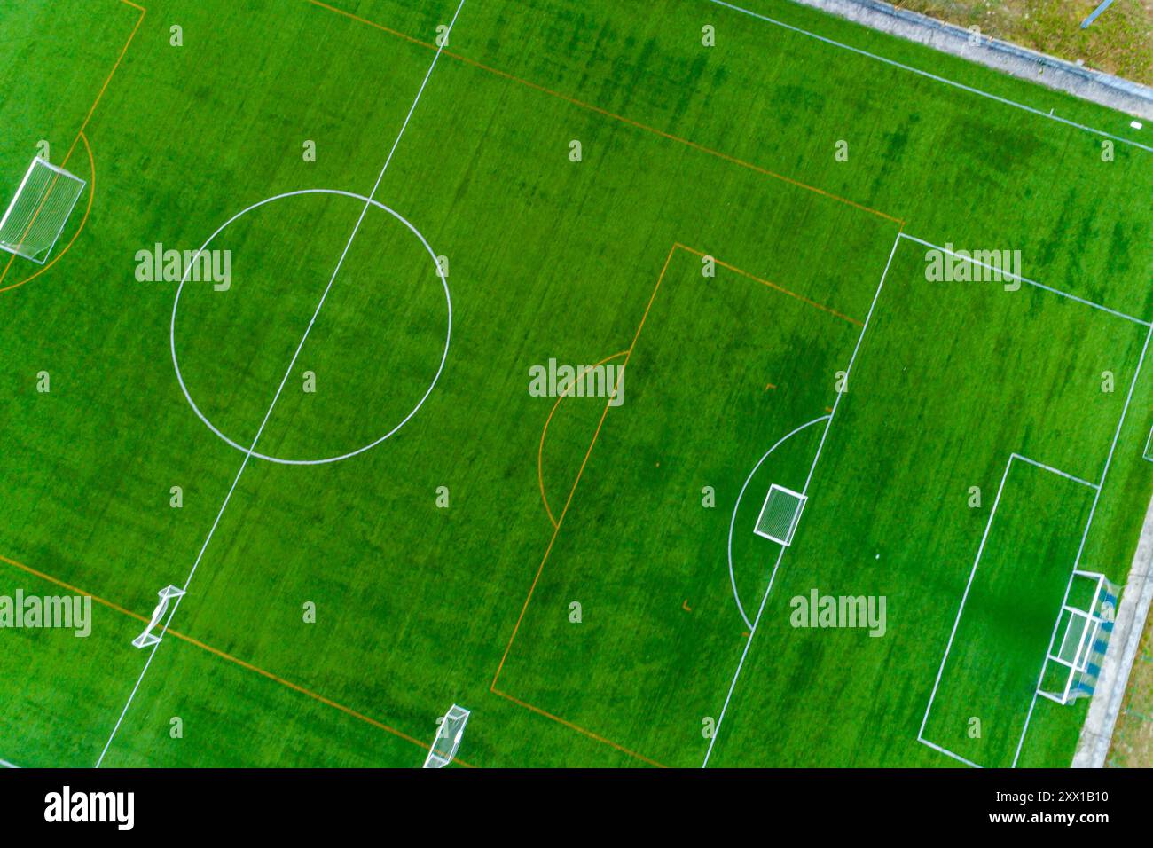 a football field after a training session, aerial top view with drone ...