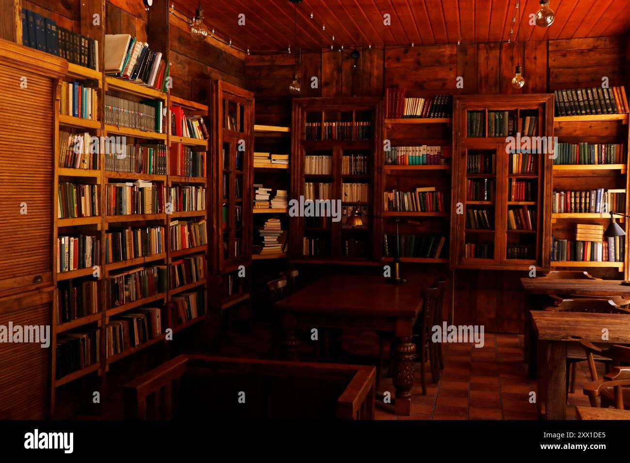 traditional library with wooden shelves and table and chair in amber ...