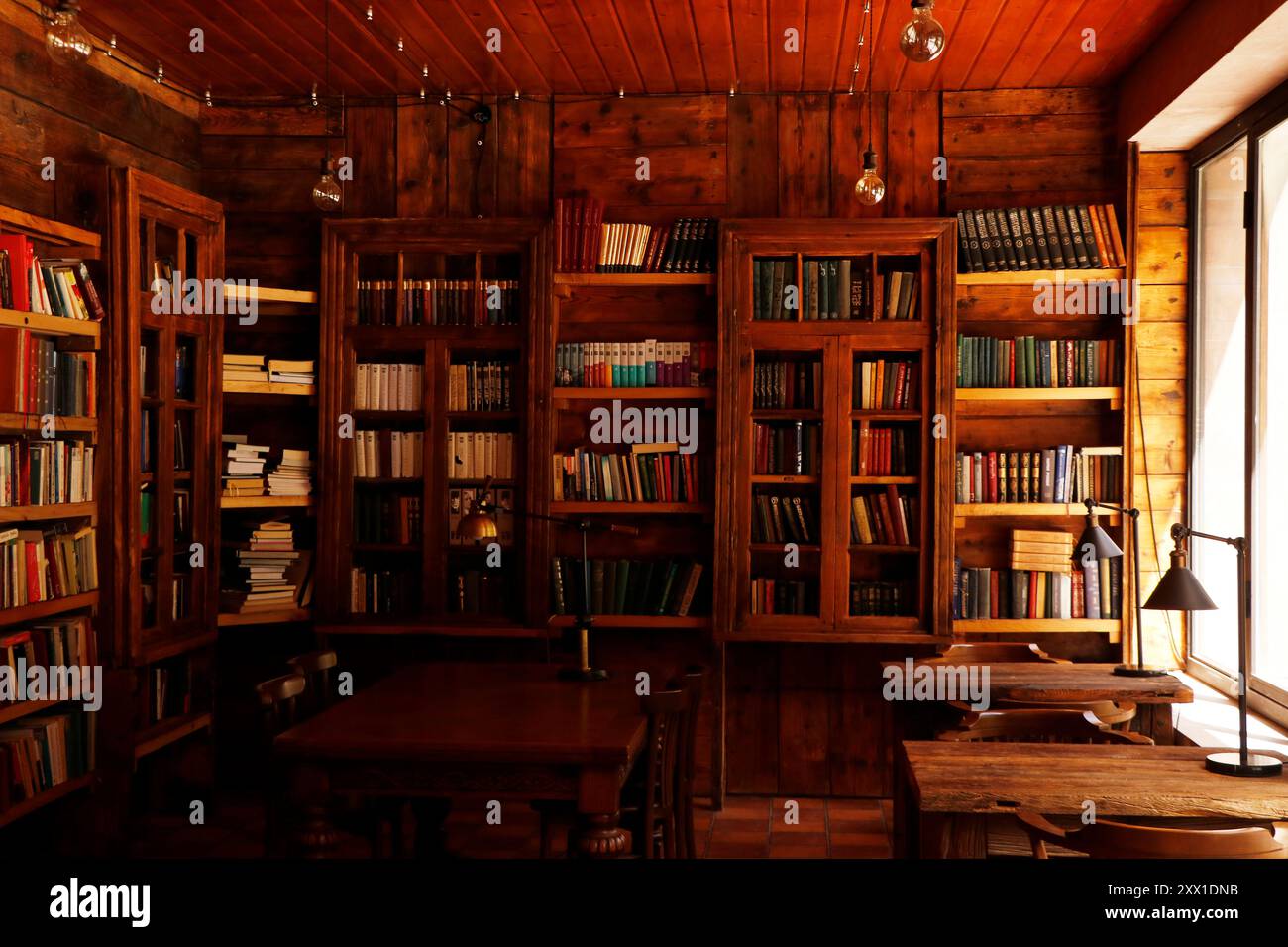 traditional library with wooden shelves and table and chair in amber ...