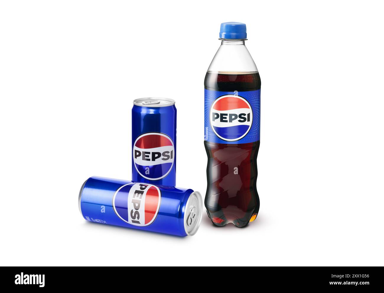 Chisinau, MOLDOVA - August 20, 2024: Pepsi plastic bottle and aluminium ...