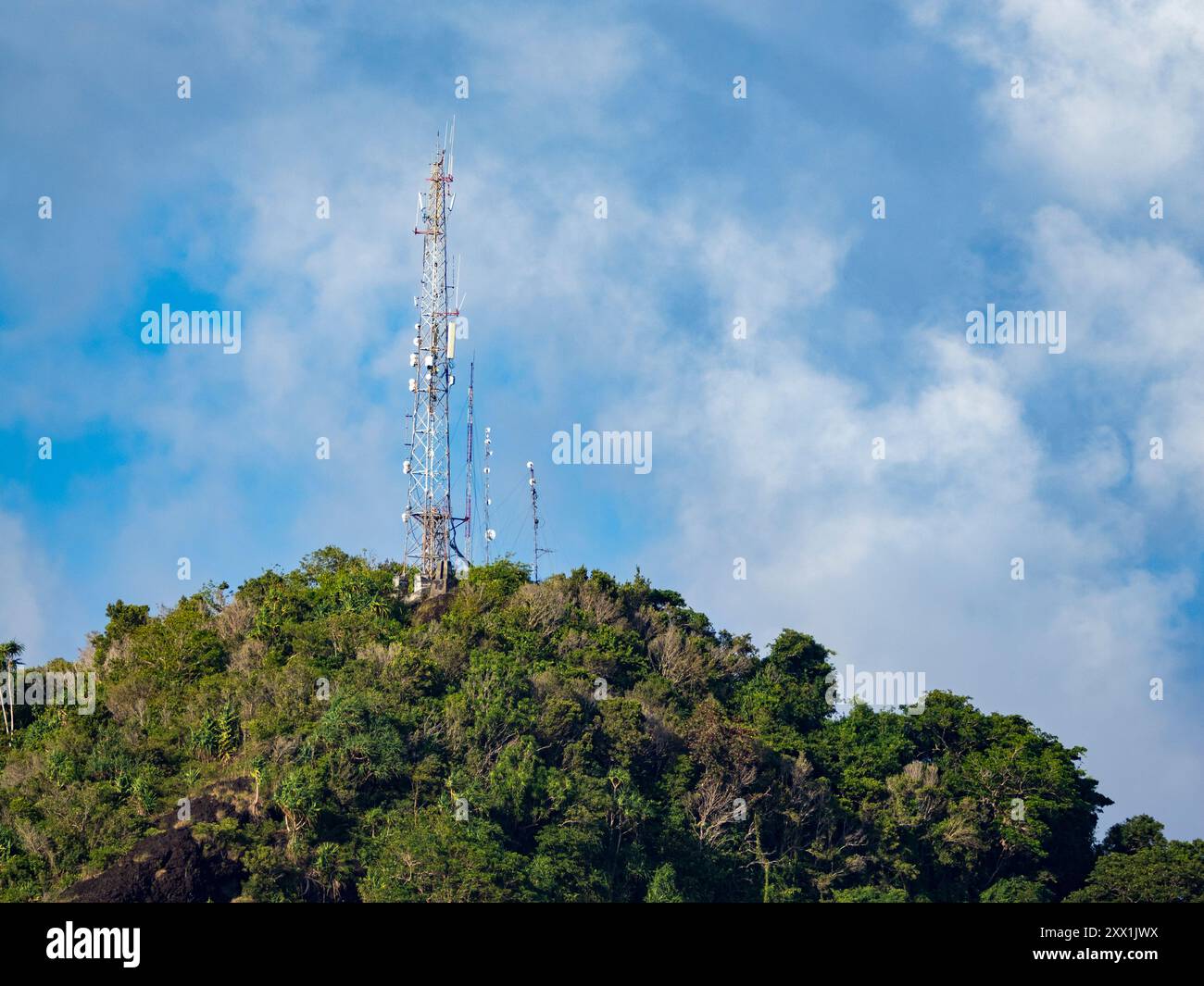 A modern cell tower amongst the thick foliage, Palau, Micronesia ...