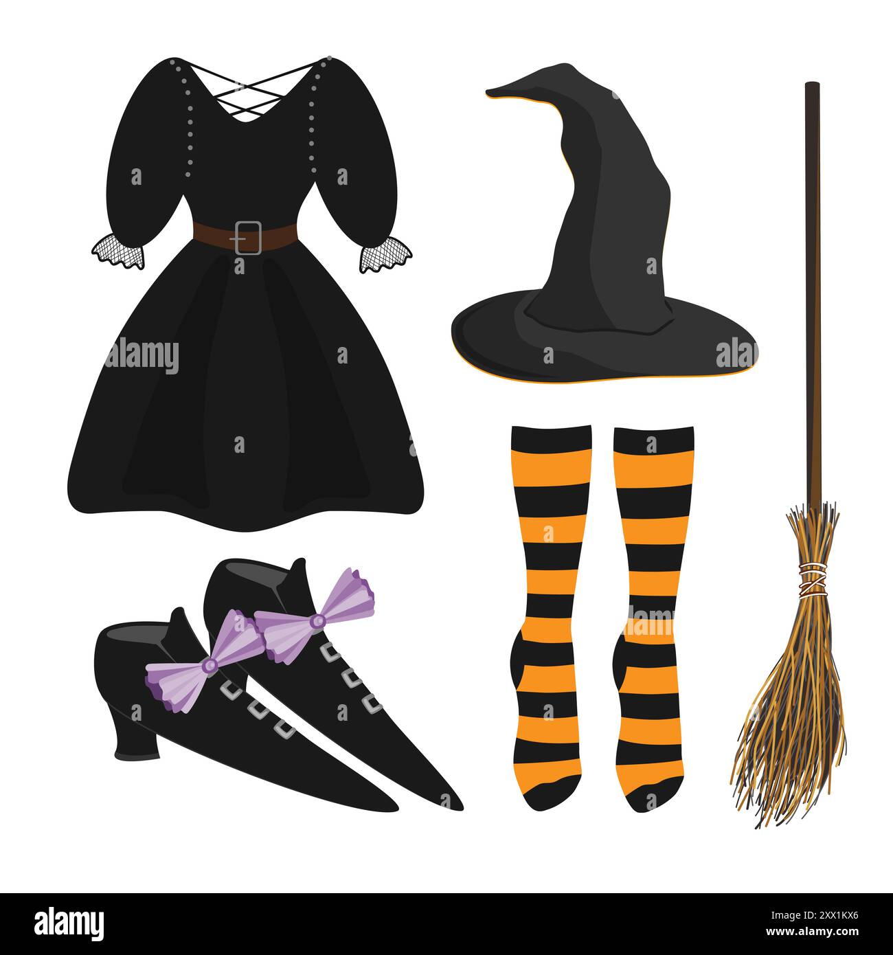 Halloween witchcraft isolated set. Witch Hat, Black Dress, striped ...
