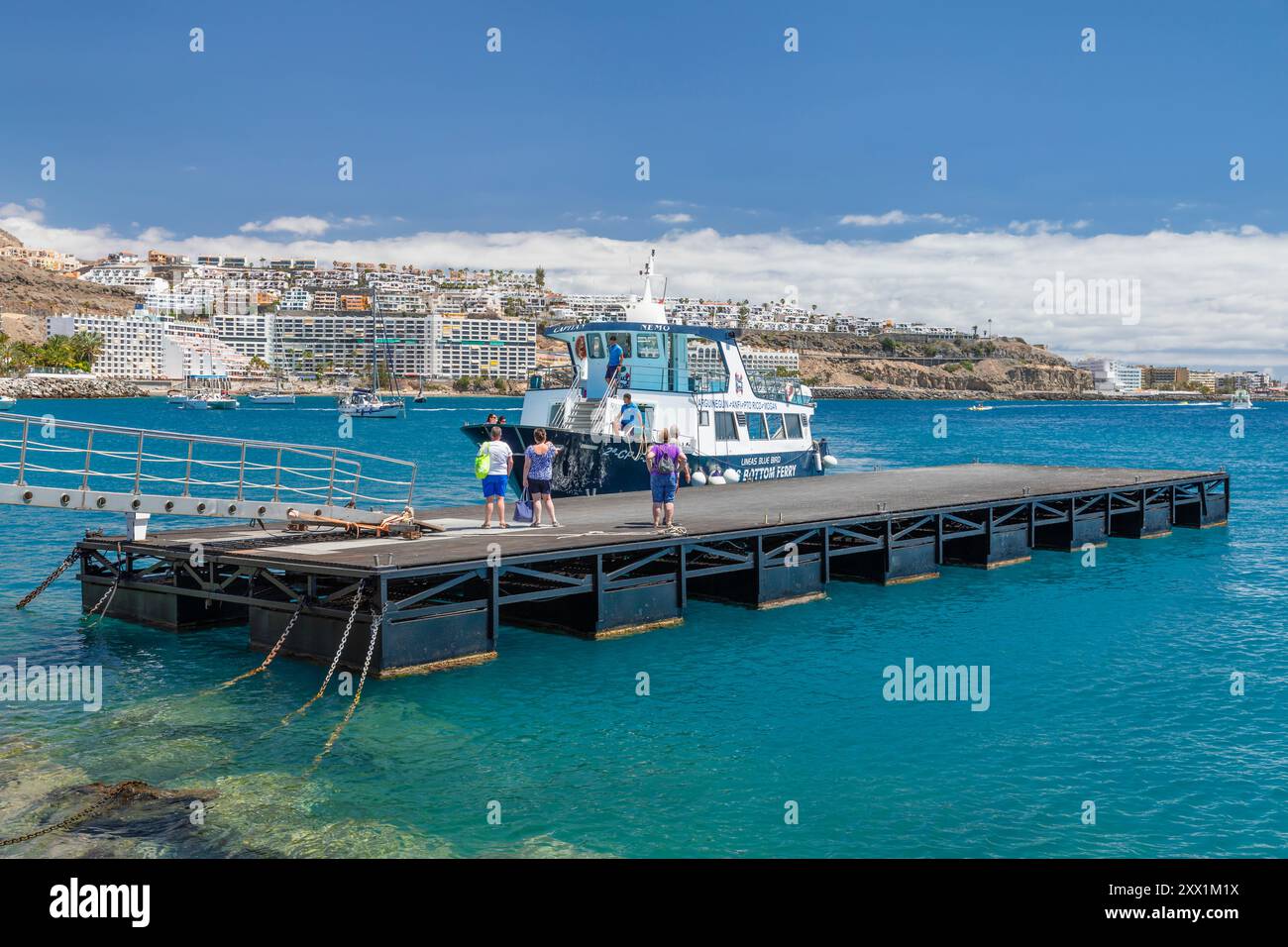 Ferry at a jetty, Anfi del Mar Resort, Playa de la Verga, Arguineguin ...