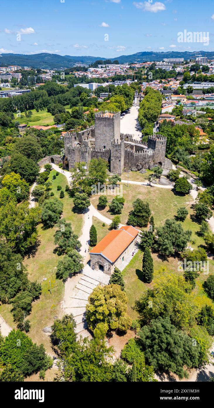 Aerial of the Guimaraes Castle, UNESCO World Heritage Site, Guimaraes ...