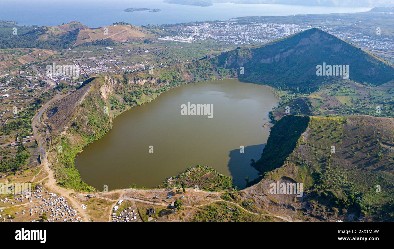 Aerial of a Volcanic crater outside, Goma, Democratic Republic of Congo ...