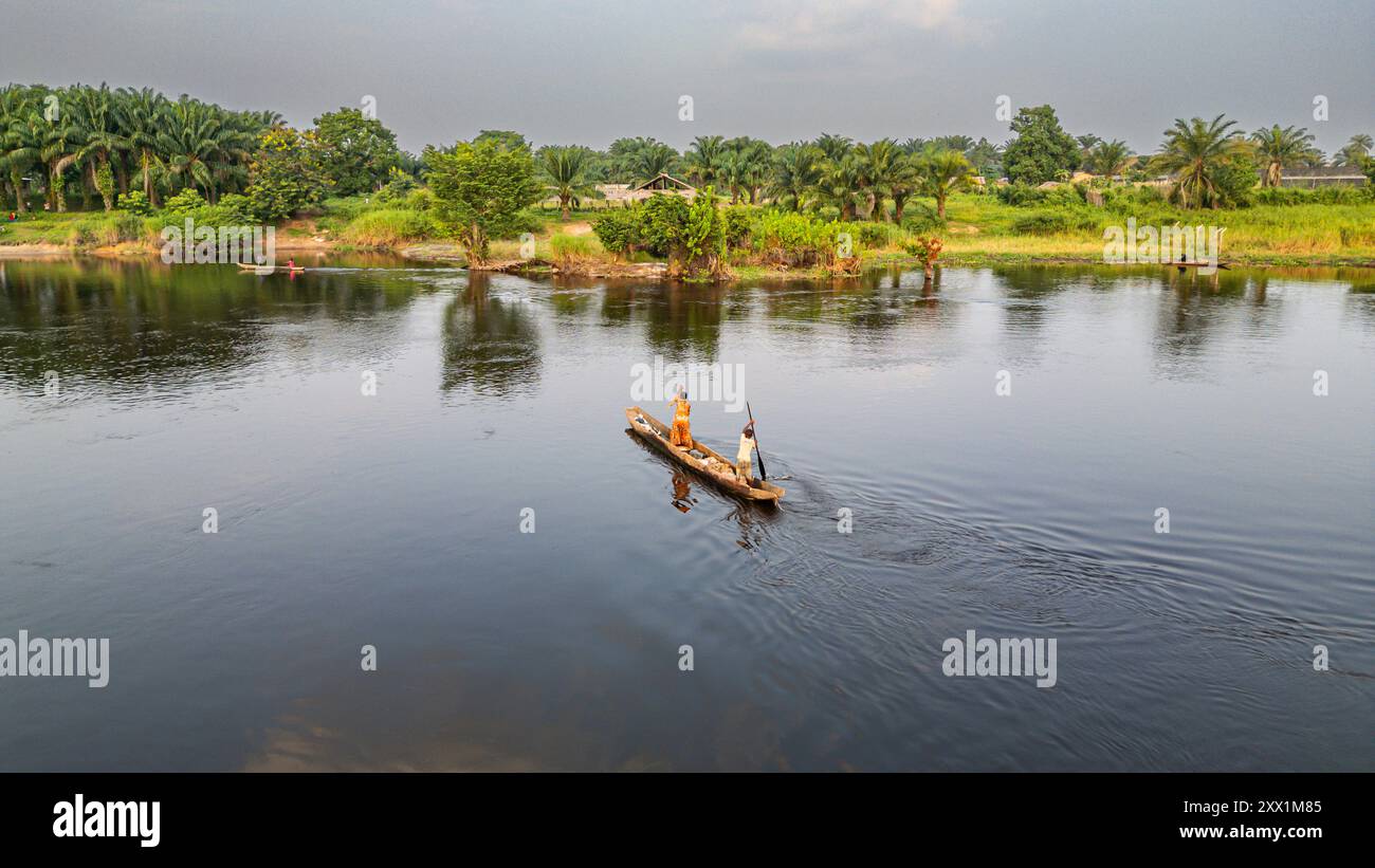 Aerial of a dugout canoe on the Congo River, Mbandaka, Equateur ...