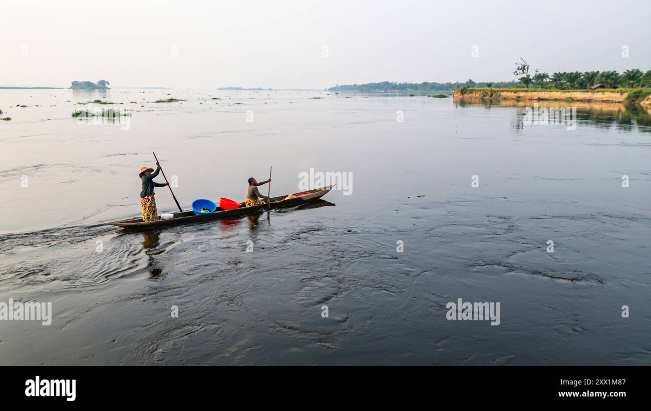 Aerial of a dugout canoe on the Congo River, Mbandaka, Equateur ...