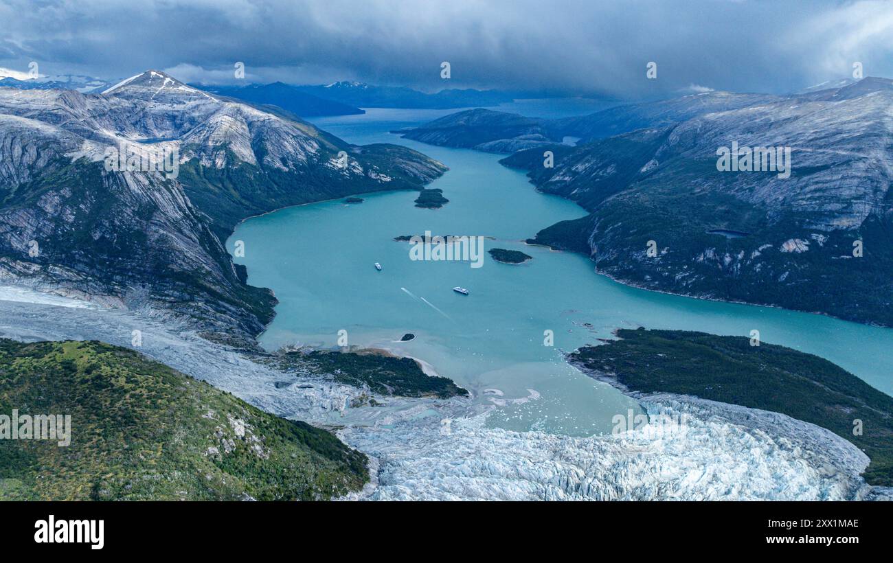Aerial of Pia glacier and its fjord, Tierra del Fuego, Chile, South ...