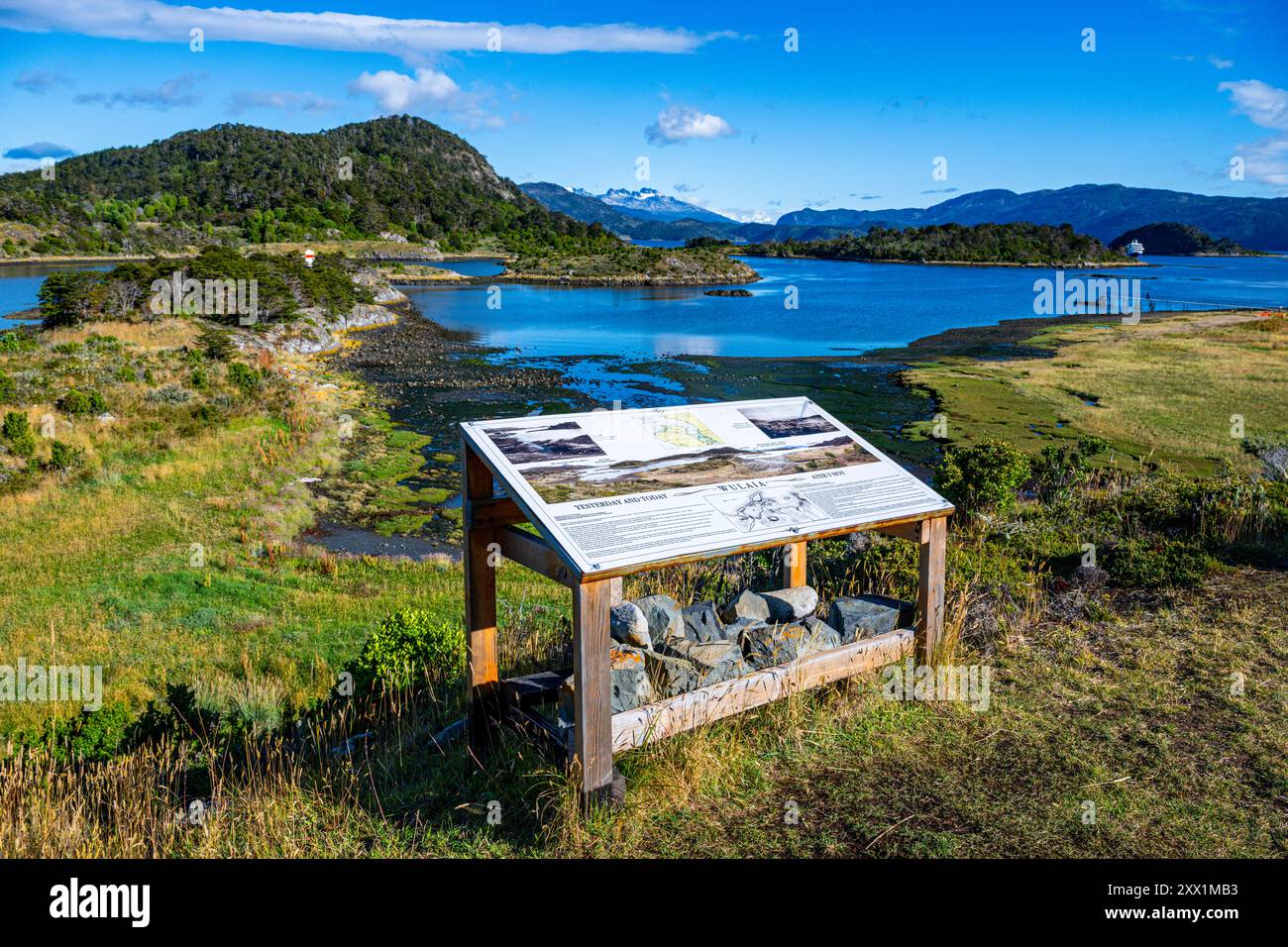 Marker in Wulaia Bay, Tierra del Fuego, Chile, South America Stock ...