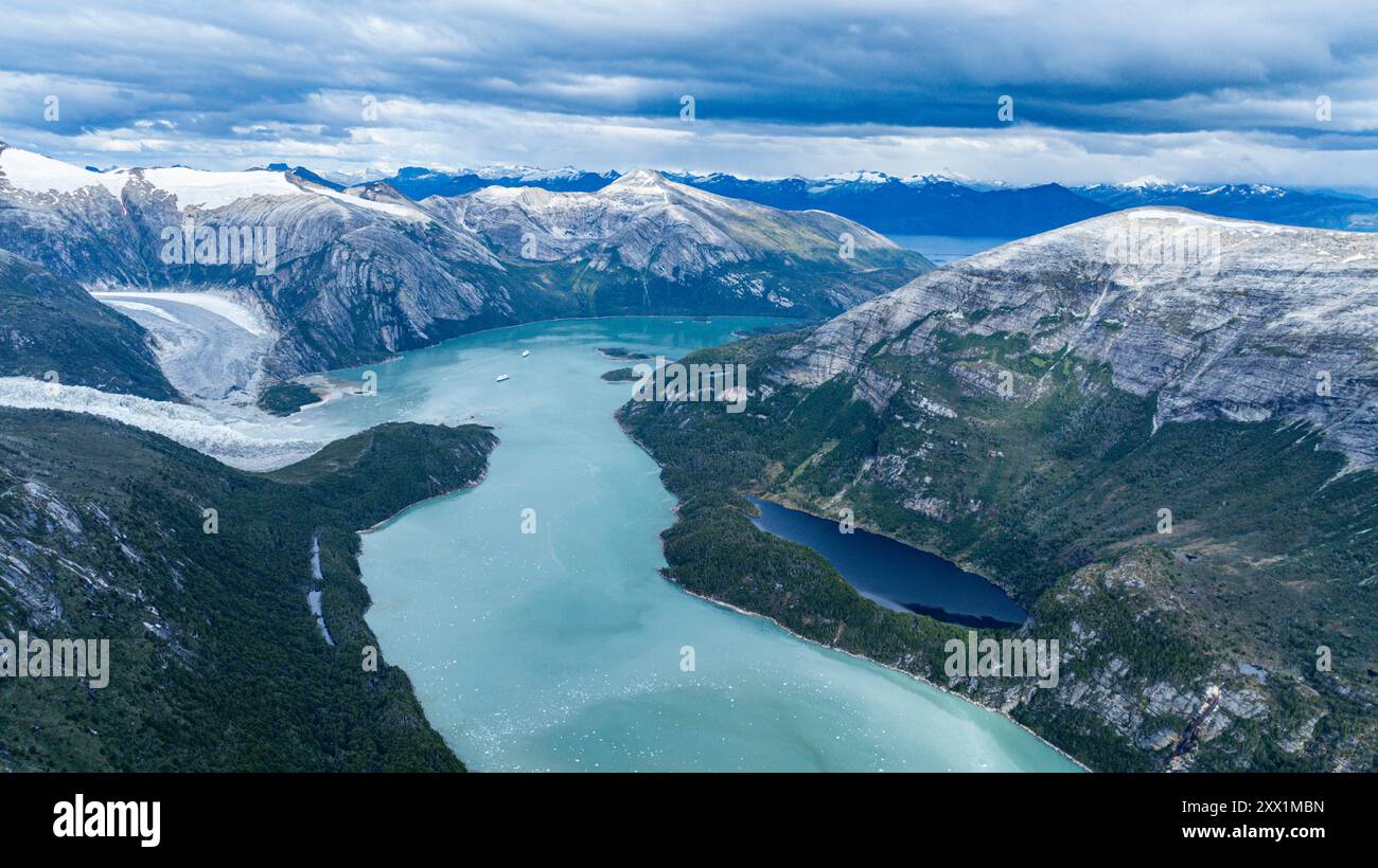 Aerial of Pia glacier and its fjord, Tierra del Fuego, Chile, South ...
