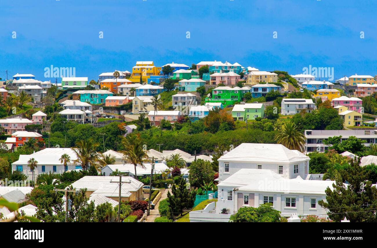 Bermuda skyline with the traditional pastel coloured houses with ...